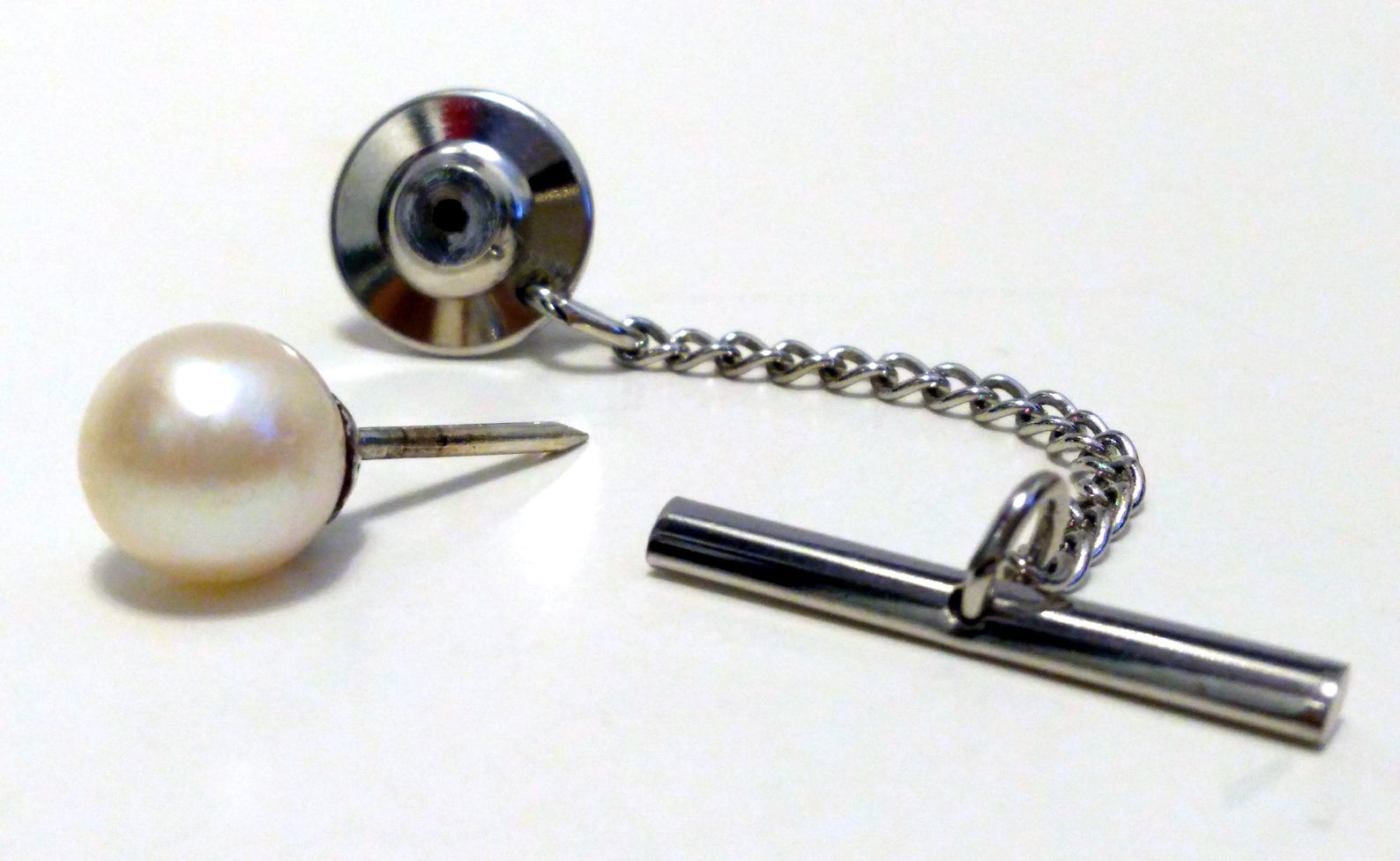 White Cultured Pearl Necktie Tie Pin Tack Silver Overtone 1970's ...