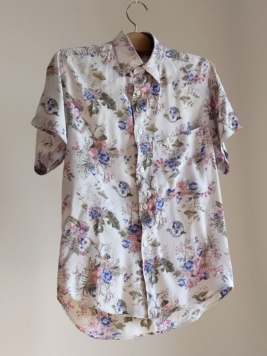 Light Blue Floral Short Sleeve Shirt Guess by Georges Marciano Vintage ...