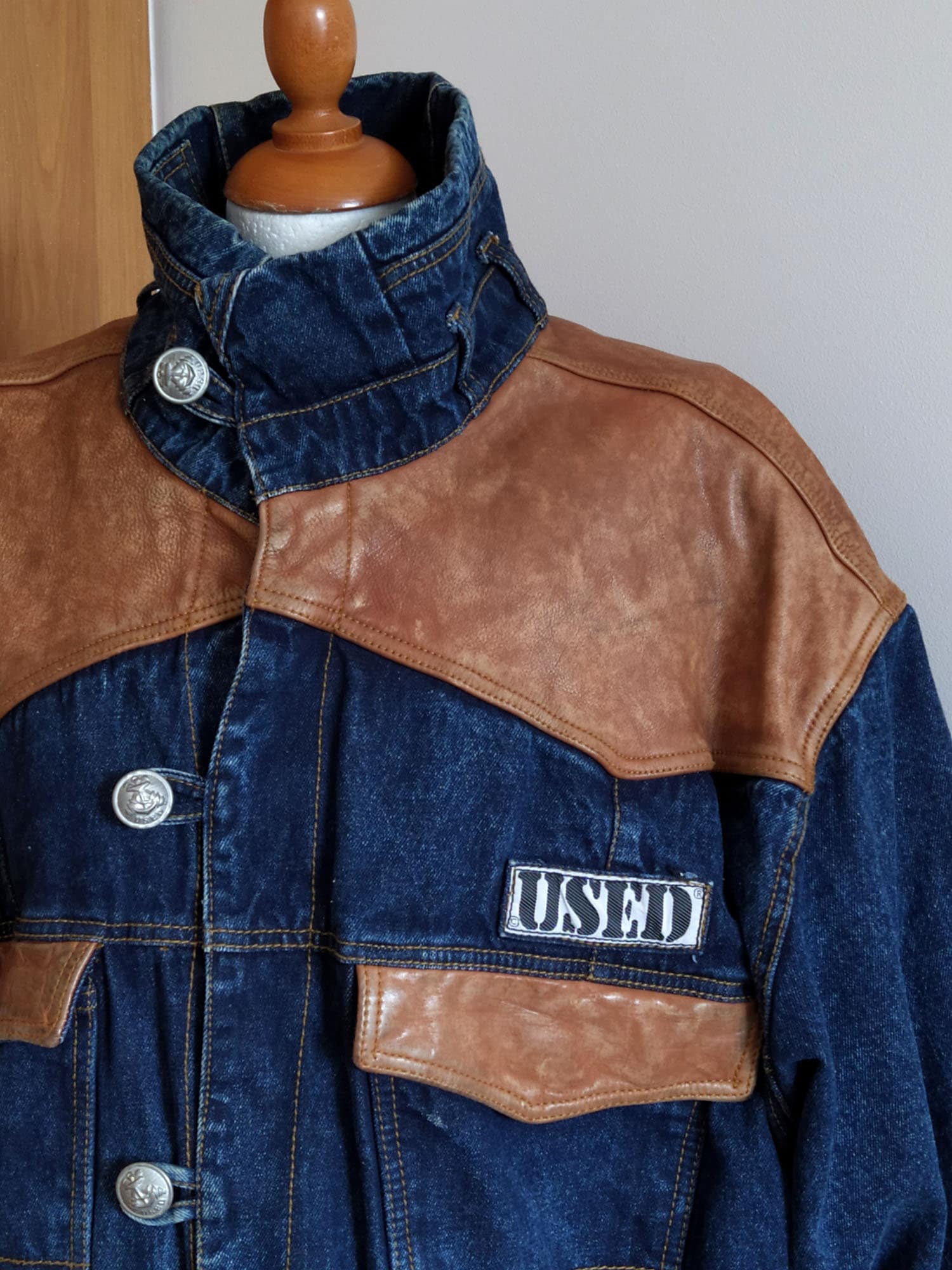 Denim Coat With Real Leather Details, Vintage Get Used Classic Jeans by ...