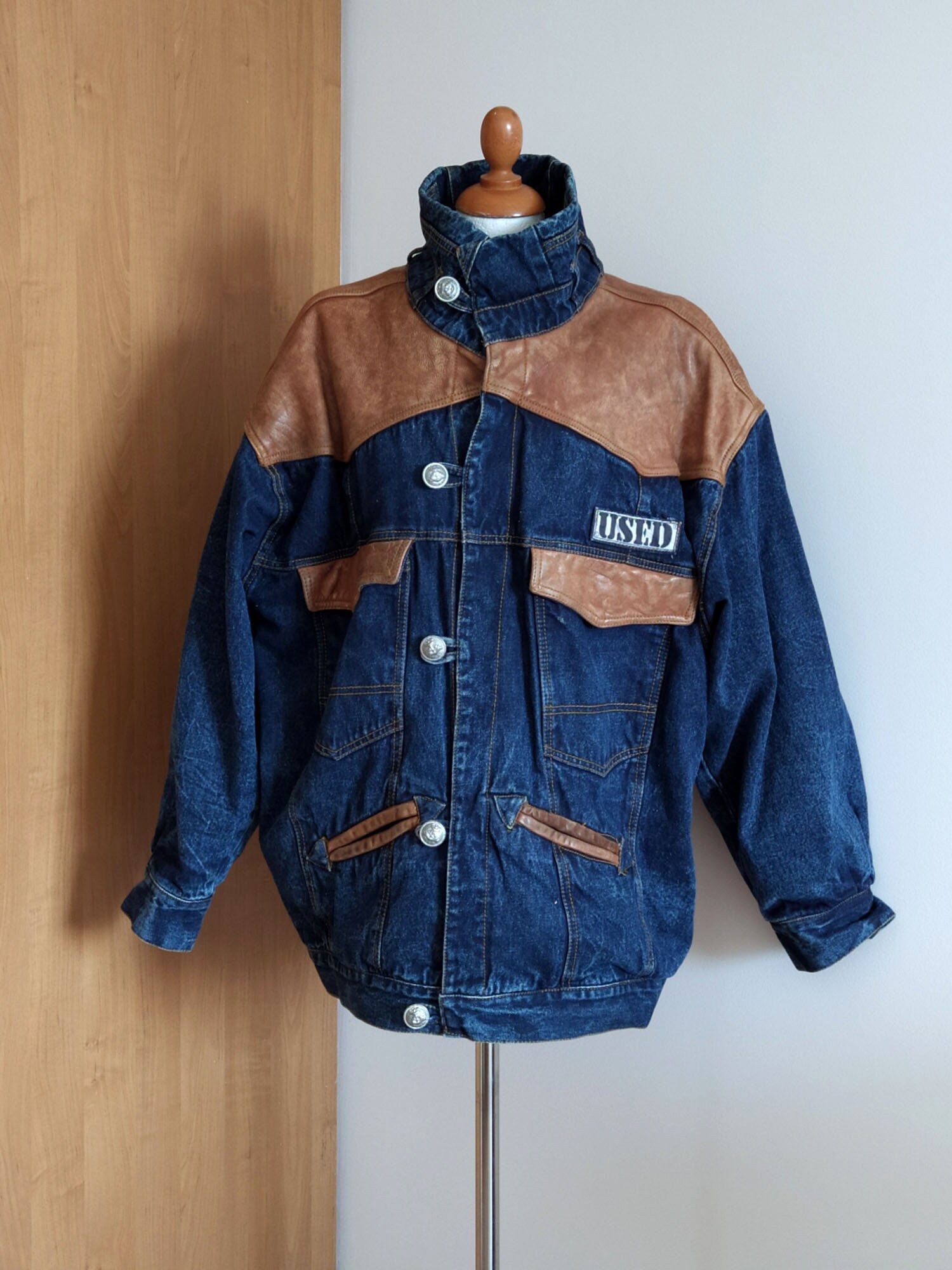 Denim Coat With Real Leather Details, Vintage Get Used Classic Jeans by ...