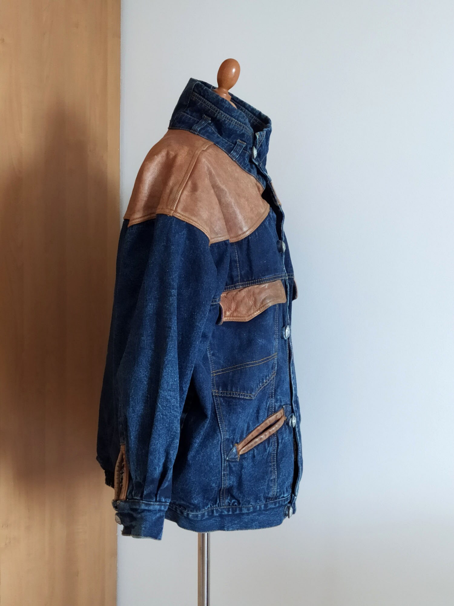 Denim Coat With Real Leather Details, Vintage Get Used Classic Jeans by ...