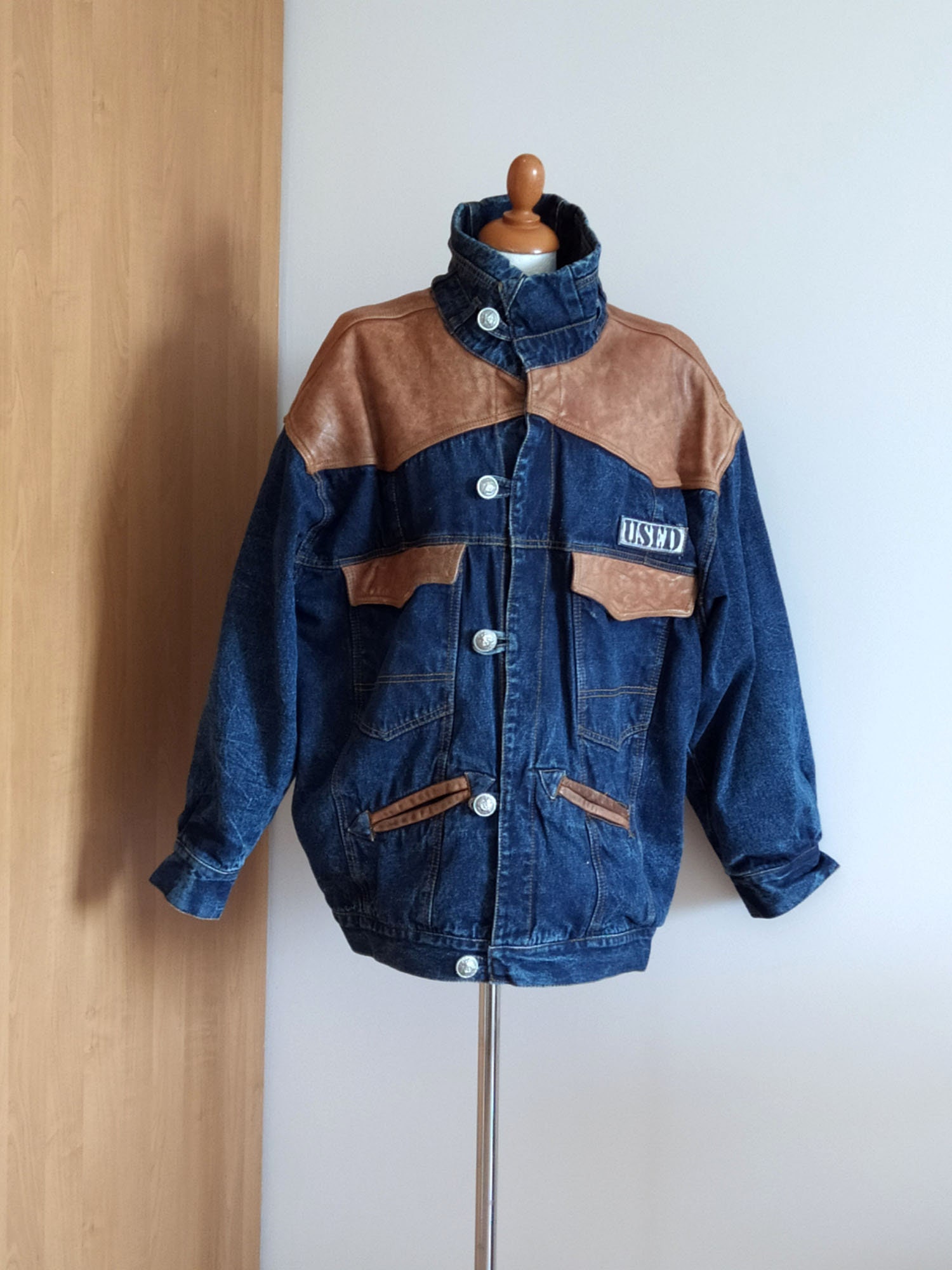 Denim Coat With Real Leather Details, Vintage Get Used Classic Jeans by ...