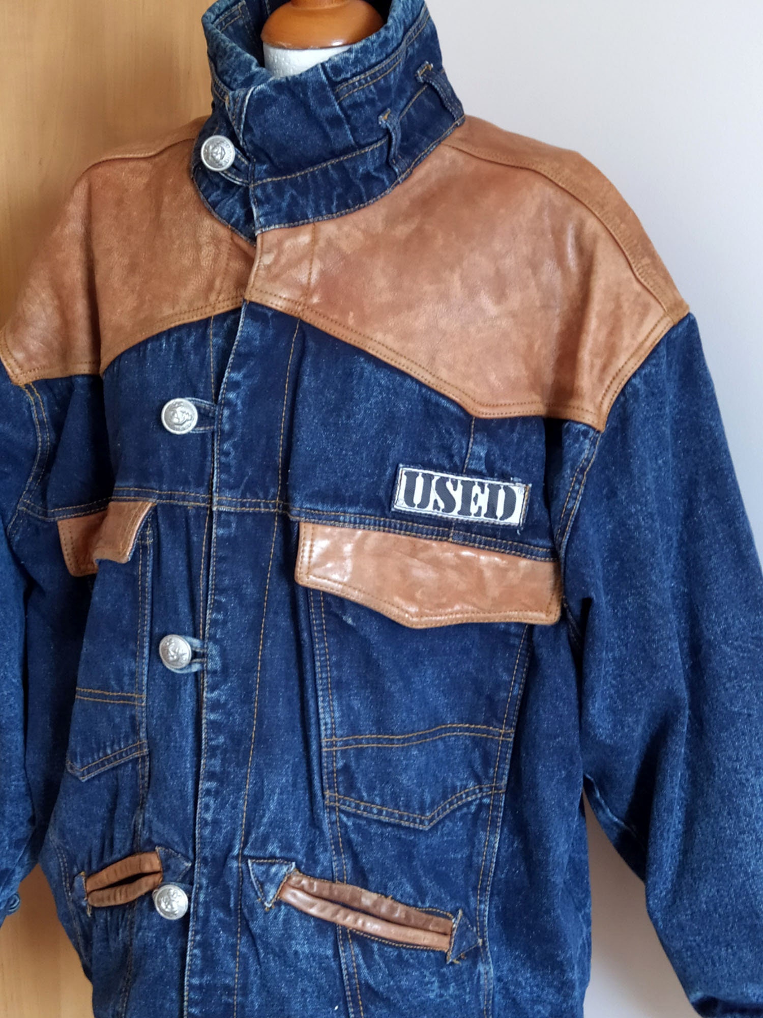 Denim Coat With Real Leather Details, Vintage Get Used Classic Jeans by ...