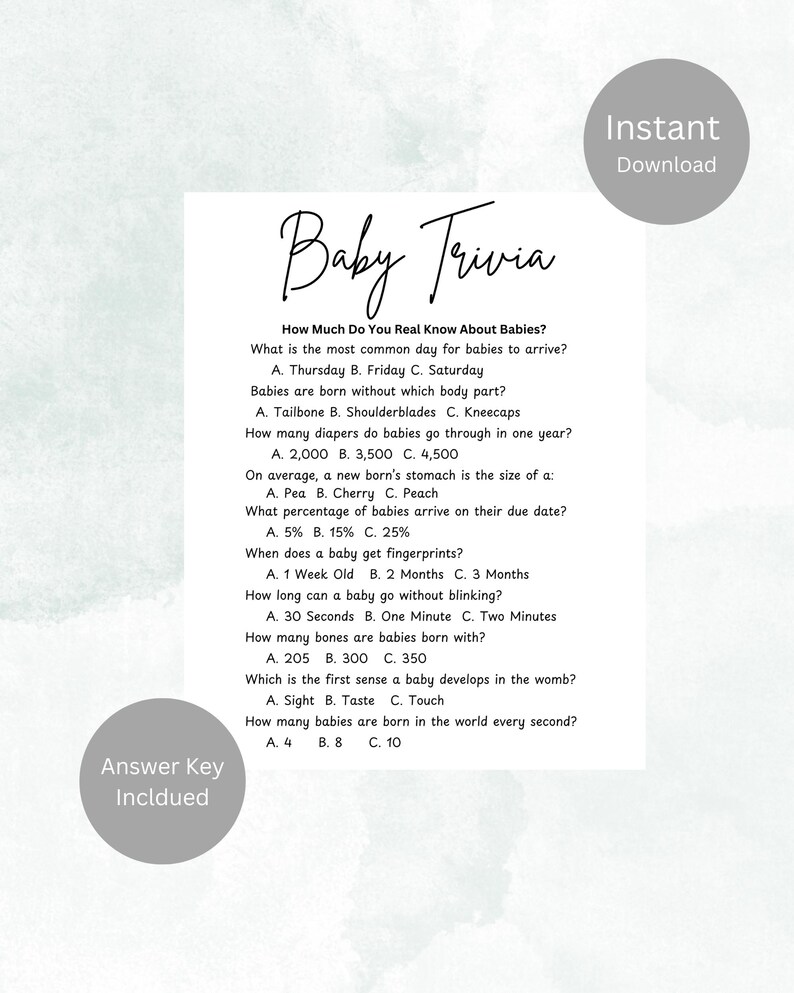 Baby Shower Game - Trivia - Baby Shower Games Printable - Gender ...