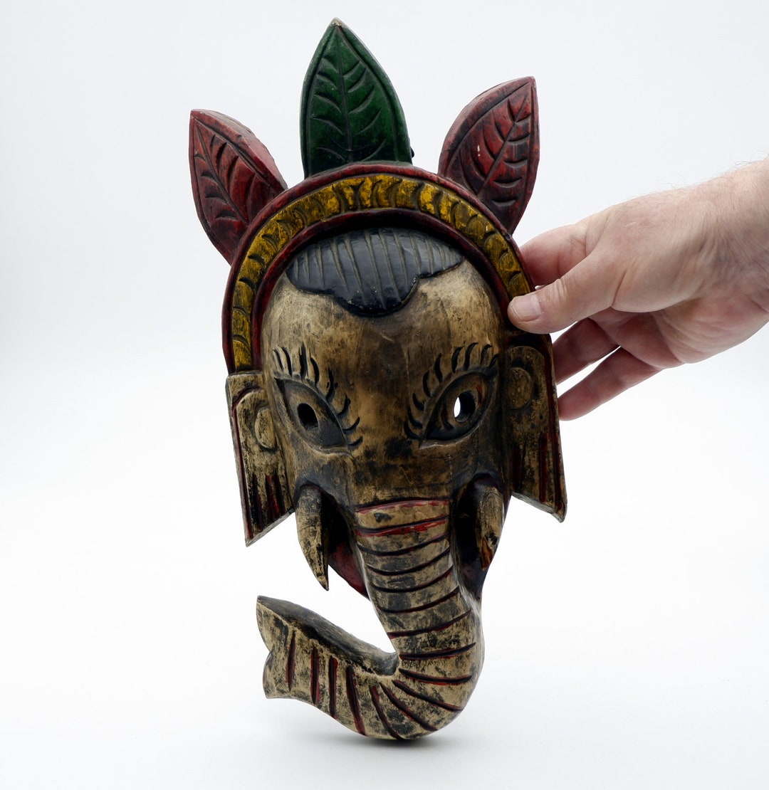 Shaman Hindu Ganpati Elephant Wood Wall Mask Vintage Hand Carved in ...