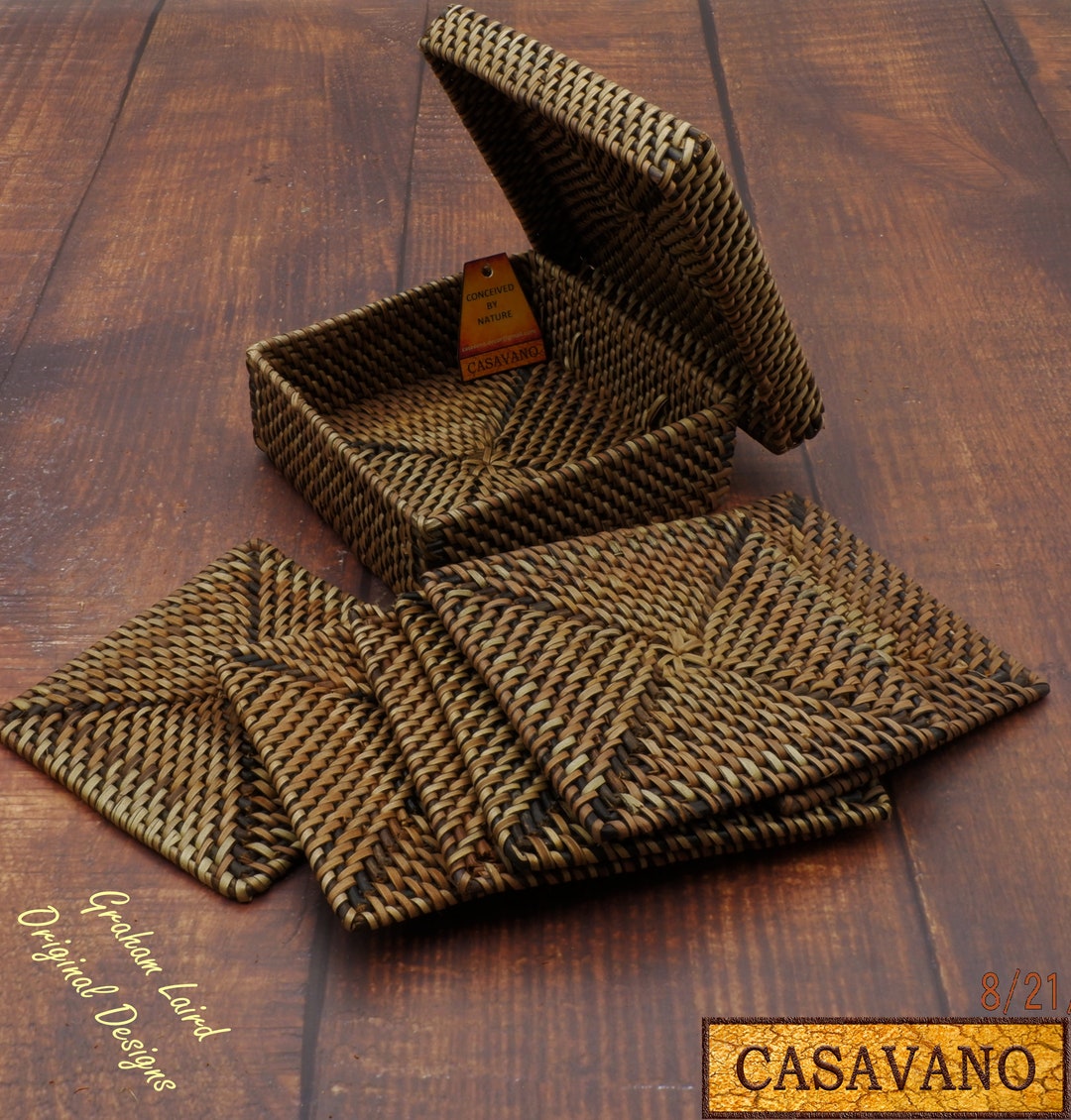 6 Piece Rattan Coaster Set in Rustic Boho Farmhouse Design Straw Woven ...