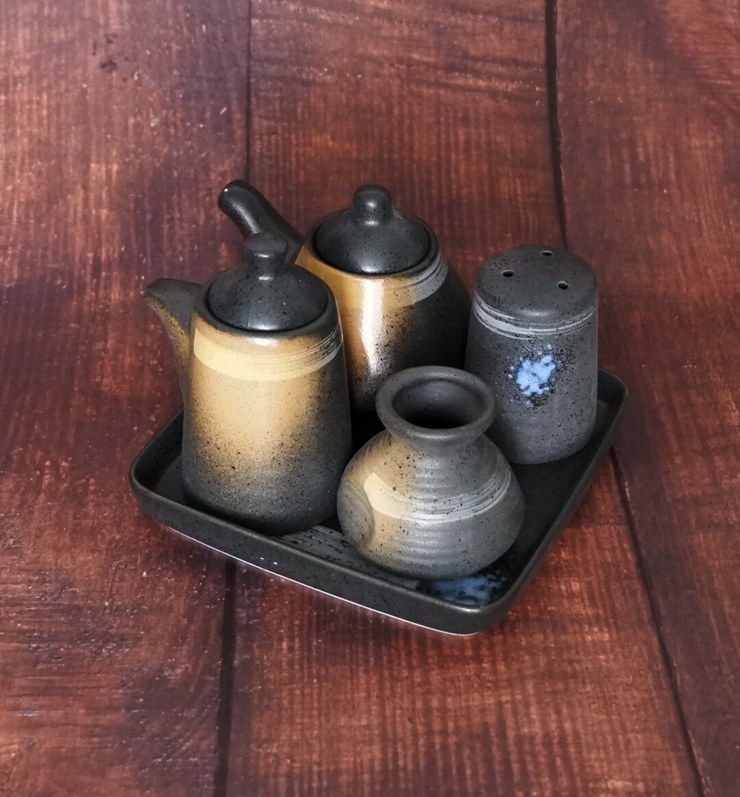 Condiment Set Stoneware Square Tray Seasoning Box Toothpick Cup Pepper ...