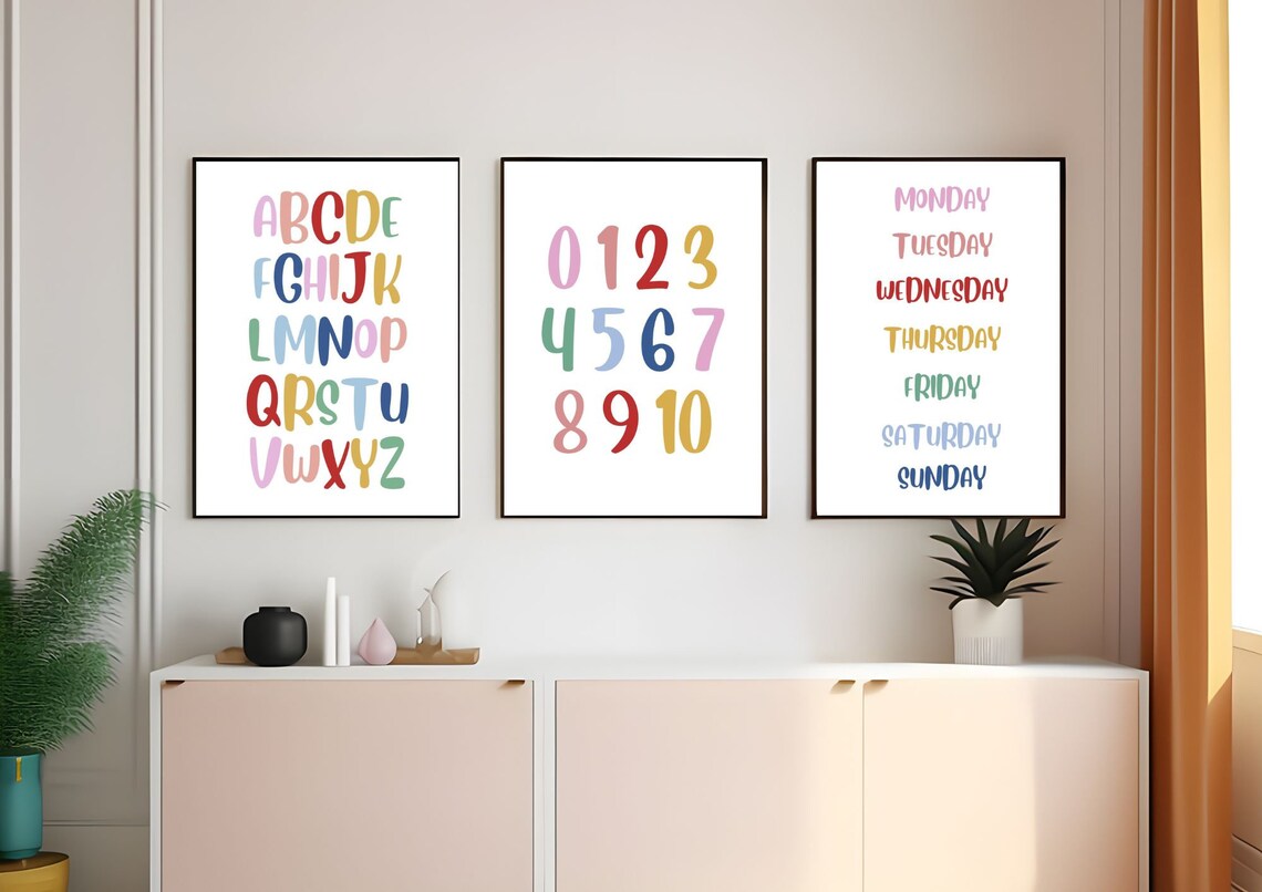 Set of 3 Alphabet Days of the Weeks Numbers Rainbow Colours Playroom ...