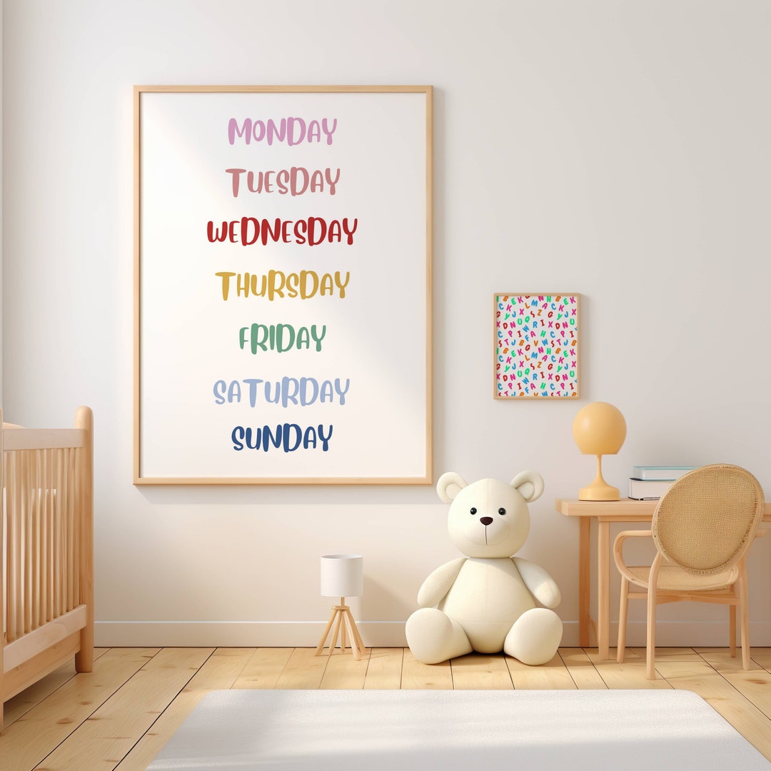 Days of the Week Kids Print Rainbow Colours 7 Days Playroom Wall Art ...