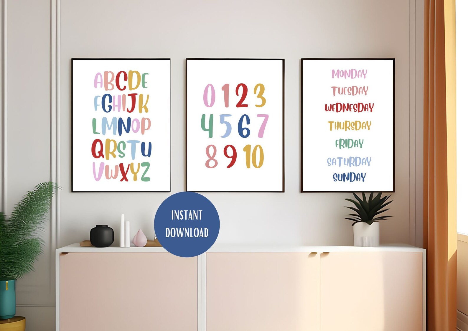 Set of 3 Alphabet Days of the Weeks Numbers Rainbow Colours Playroom ...