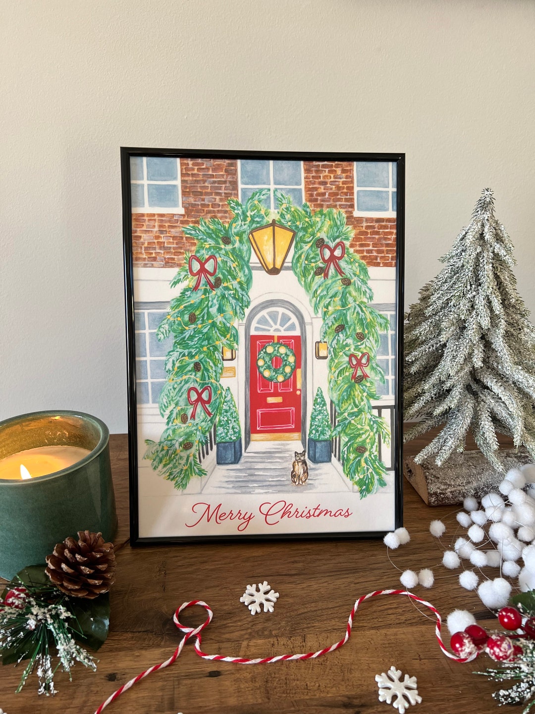 Festive Christmas Door Art Print / A4 Christmas Home Illustration ...