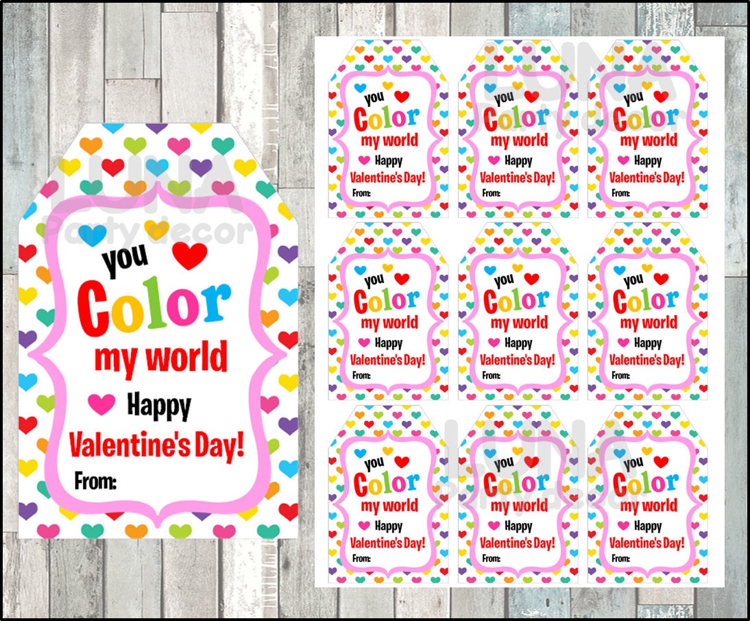 You Color My World Valentine Kids Valentine's Cards - Etsy