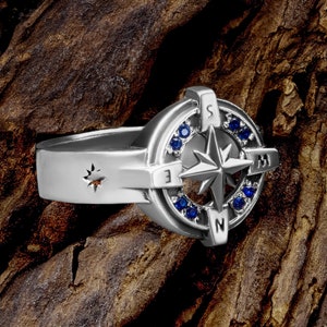 Silver Compass Ring With Black Stone, Compass 925 Sterling Silver Signet Ring, Gift for Traveler ...