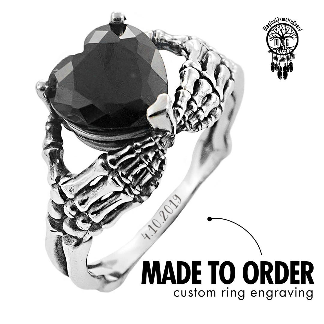 Engraving Skeleton Hands Black Heart Stone Ring, 925 Silver Initial ...