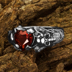 Silver Skull Wedding Ring, Heart Gemstone Ring, Gothic Jewelry for ...