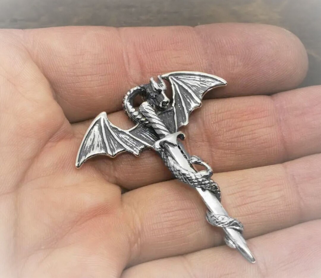 Silver Sword Charm Necklace, Dragon With Sword Amulet Pendant, Gothic ...