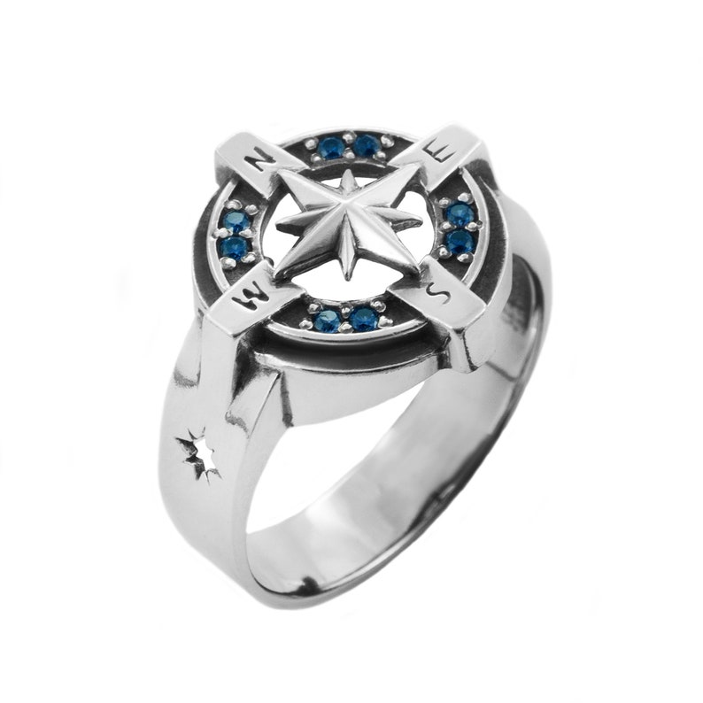 Sterling Silver Compass Signet Ring With Black Stones, Sailor Jewelry ...