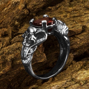 Silver Skull Wedding Ring, Heart Gemstone Ring, Gothic Jewelry for ...