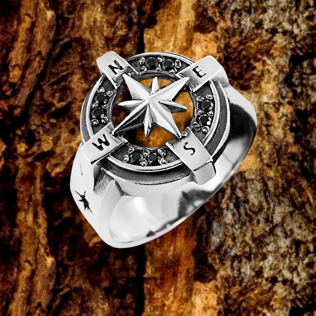Silver Compass Ring With Black Stone, Compass 925 Sterling Silver ...