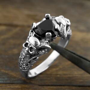 Silver Skull Wedding Ring, Heart Gemstone Ring, Gothic Jewelry for ...