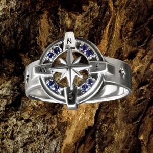 Silver Compass Ring With Black Stone, Compass 925 Sterling Silver Signet Ring, Gift for Traveler ...