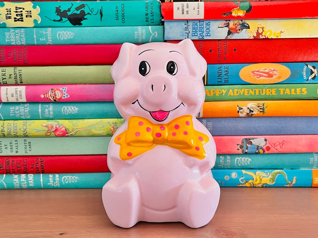 Vintage 1980s Cheeky Happy Pink Pig Bow Tye Piggy Bank Money Box Coins ...