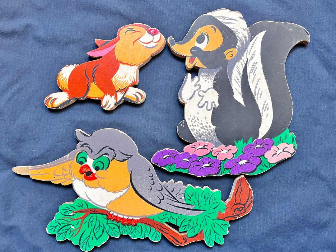 Vintage 1950s Disney Bambi Wood Hand Carved Painted Wall Pictures Walt ...