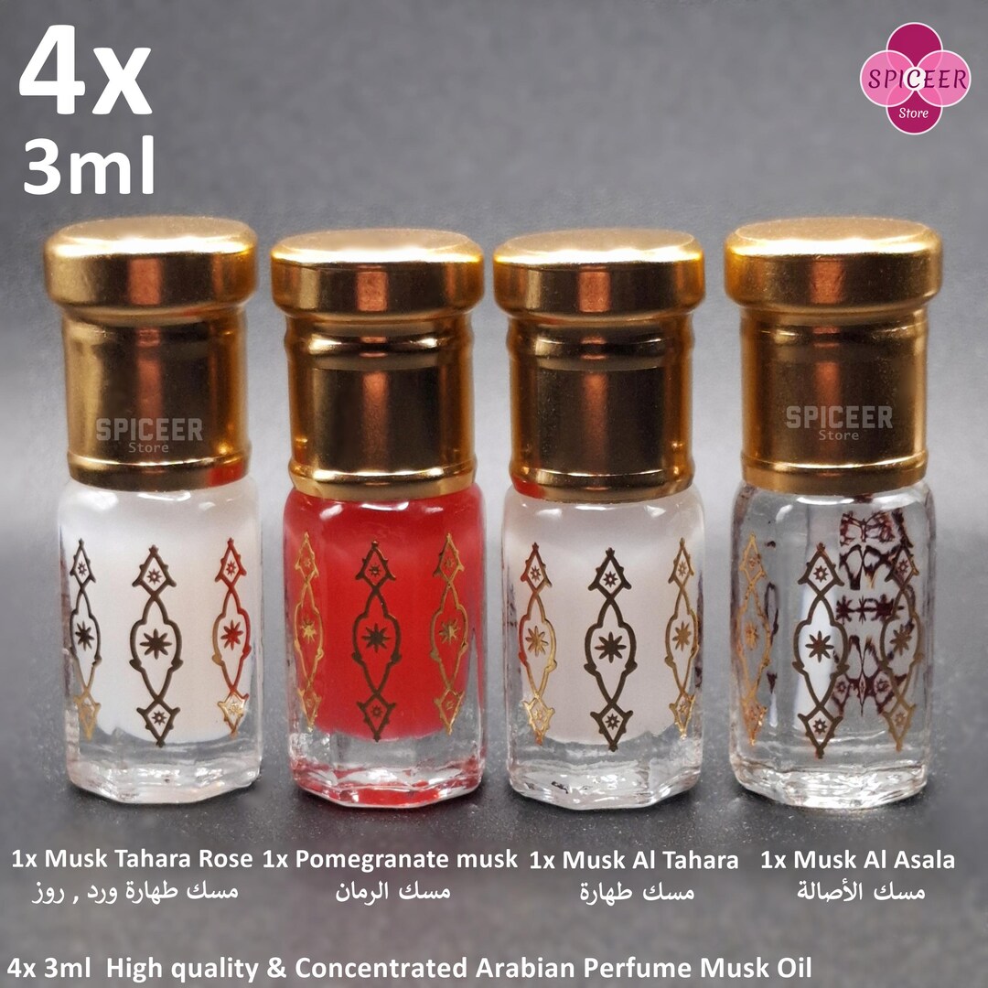 4x Arabic Perfume Musk Tahara, Pomegranate , Rose , Al Asala 3ml High ...