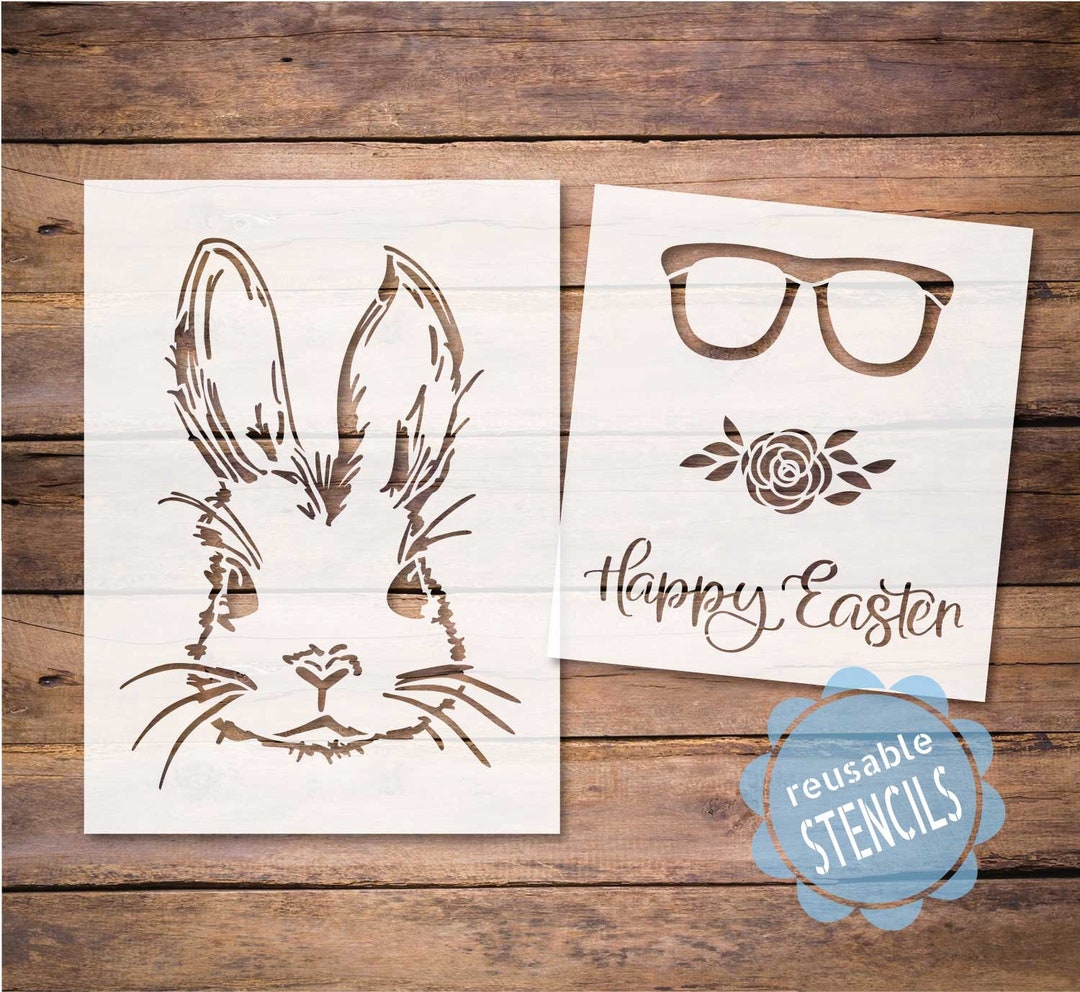 Happy Easter Bunny Stencil With Optional Glasses & Flower - Reusable ...