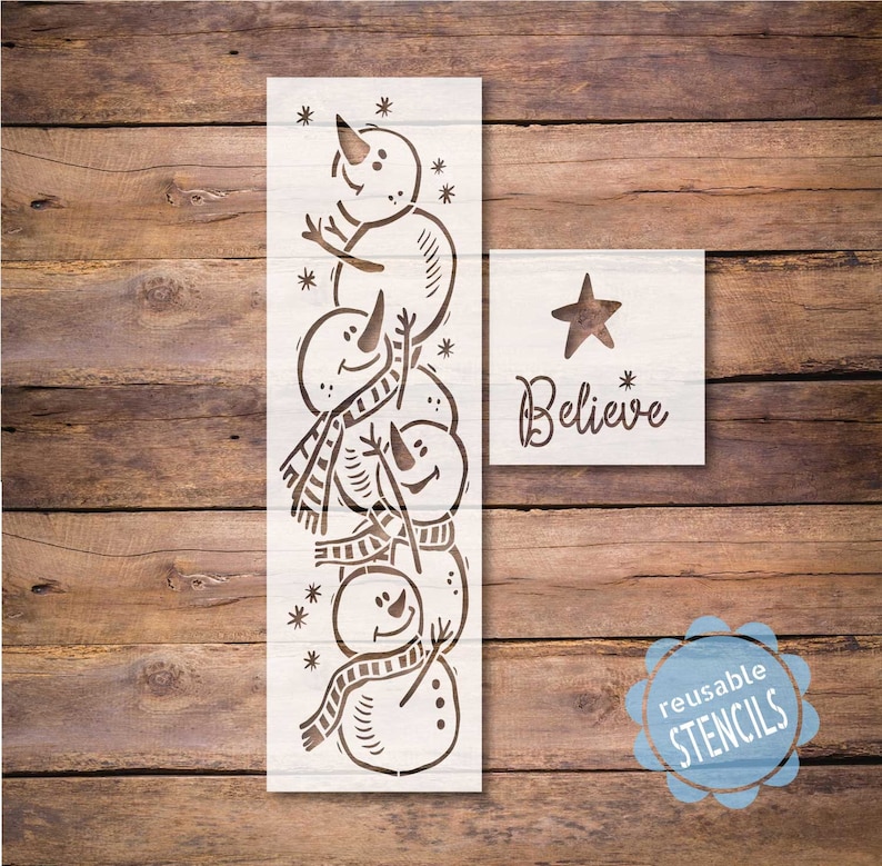 Snowman Stack Porch STENCIL Cute Snowmen Stencil Believe - Etsy