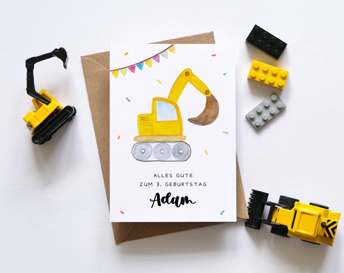 Bagger-karte Zum Geburtstag Personalisiert, Aquarell-motiv Baustelle ...
