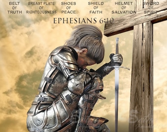 Female Personalised Quotation Armor of God Praying Kneeling Knight Over ...
