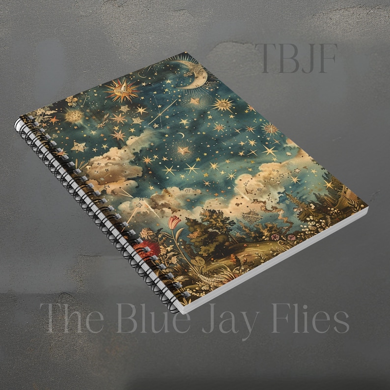 Celestial Crescent Moon and Stars Spiral Notebook, Starry Night Sky ...