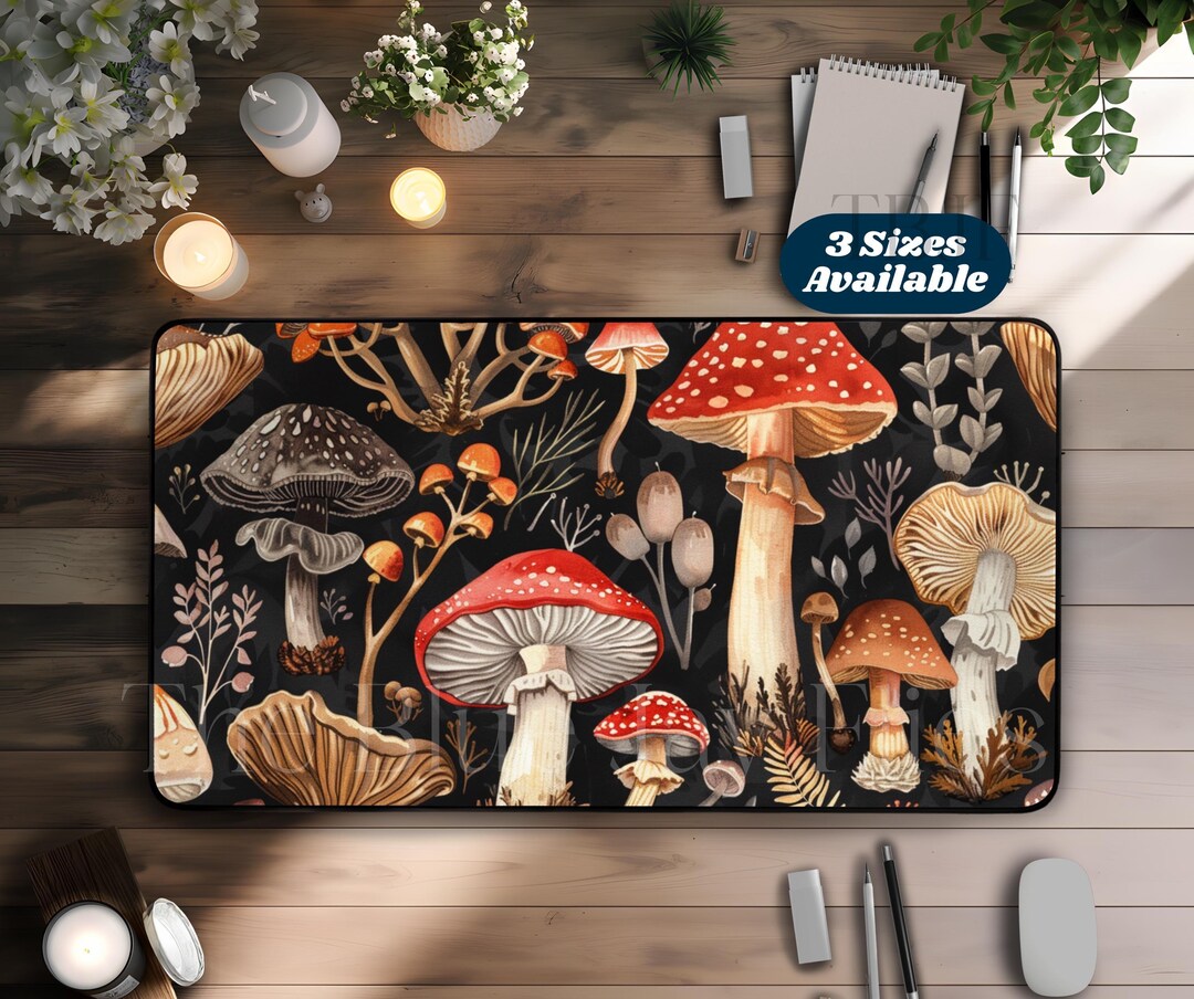 Enchanted Whimsical Mushroom Desk Mat, Dark Cottagecore Nature Inspired ...