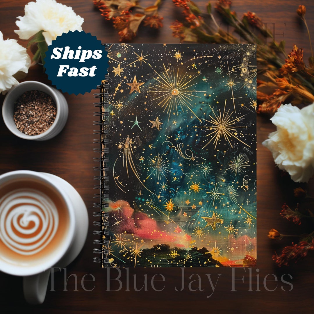 Celestial Shooting Stars Spiral Notebook, Starry Night Sky Design ...