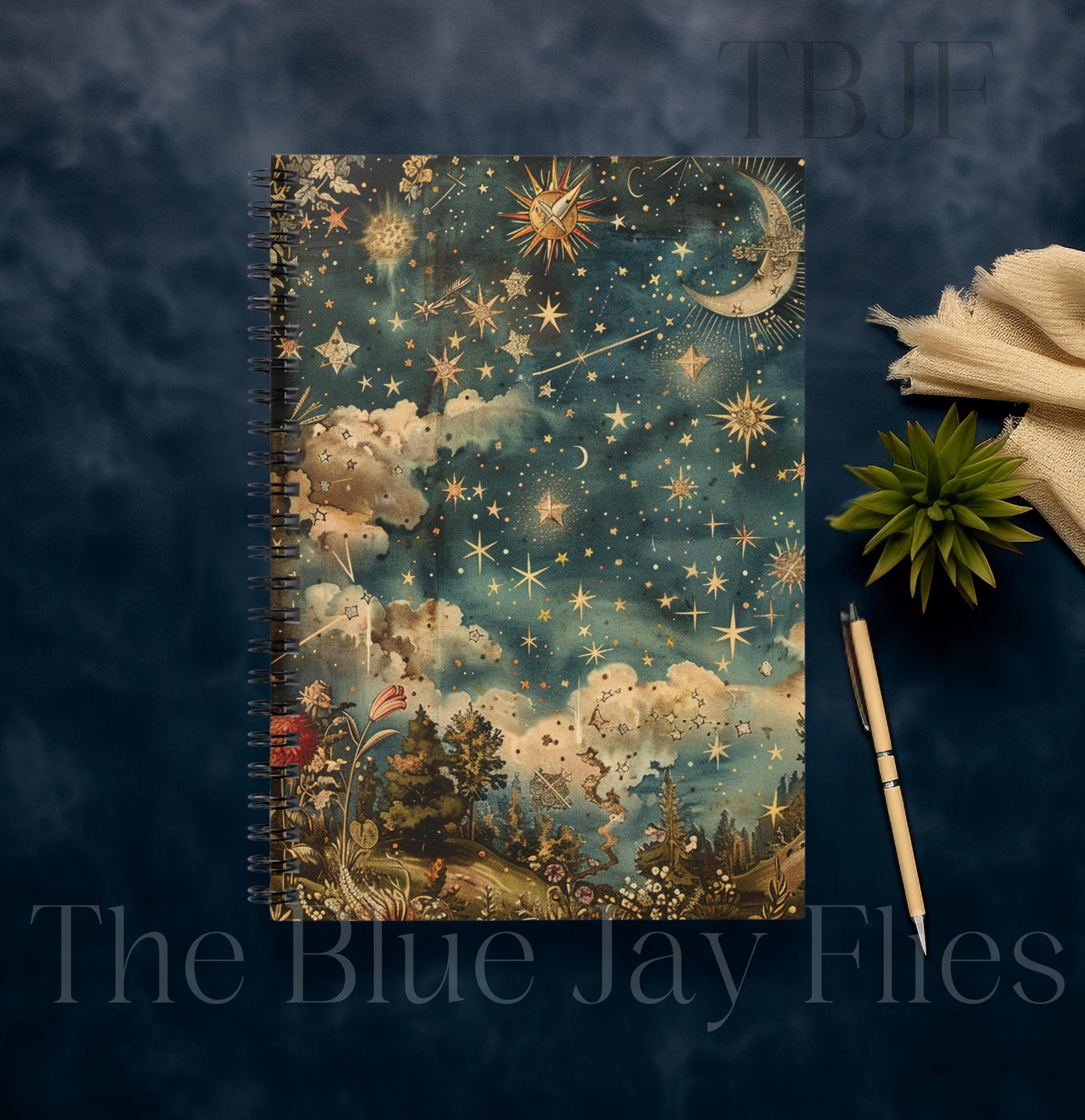 Celestial Crescent Moon and Stars Spiral Notebook, Starry Night Sky ...