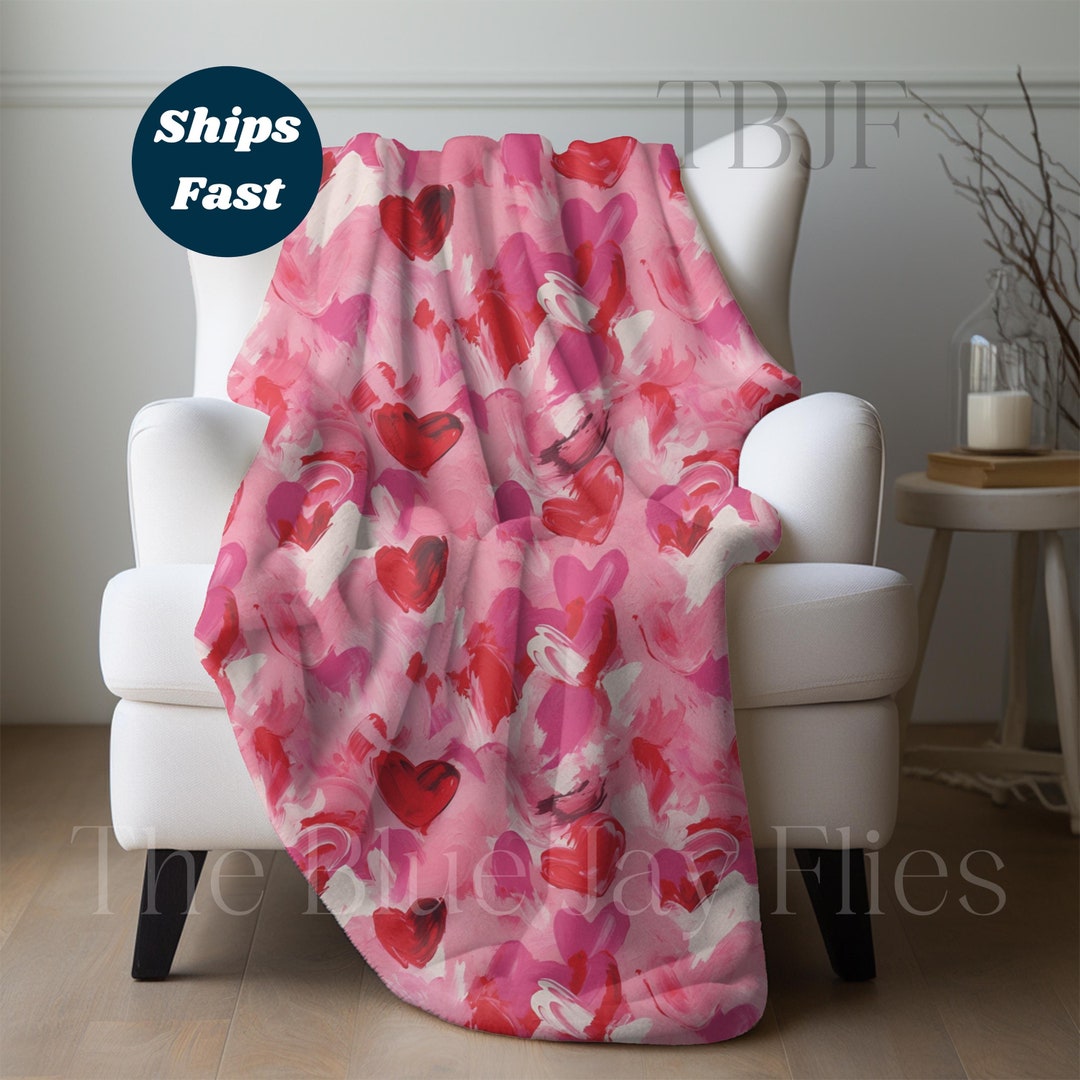 Whimsical Pink and Red Hearts Sherpa Fleece Blanket, Anniversary Gift ...