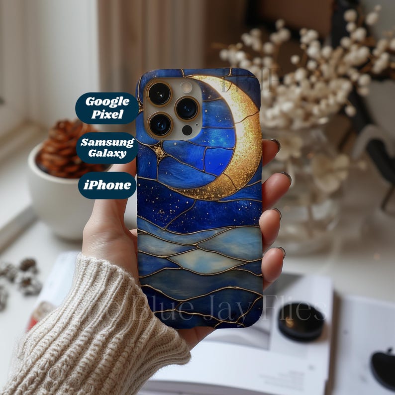 Crescent Moon Stars Over Sea Faux Stain Glass Phone Tough Case iPhone ...