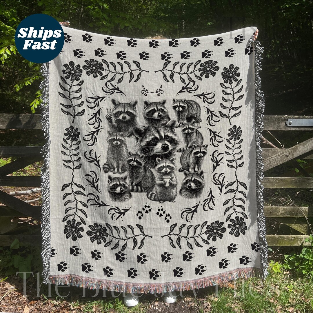 Boho Racoon Collage Woven Throw Blanket Forestcore Woodland Wall ...