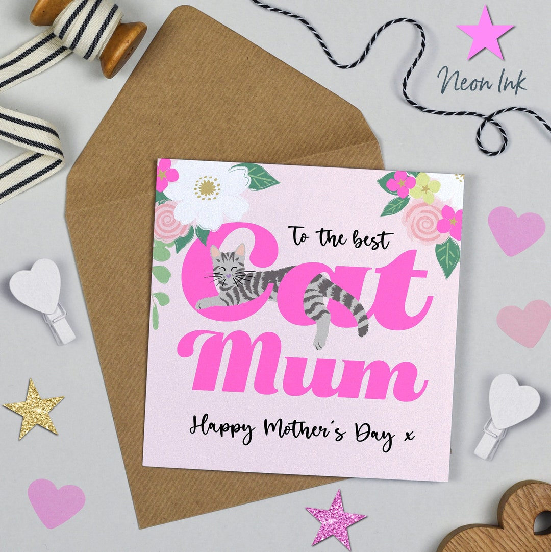 Cat Mum Happy Mother's Day Tabby Cat Card Neon Pink Mother's Day Cat ...