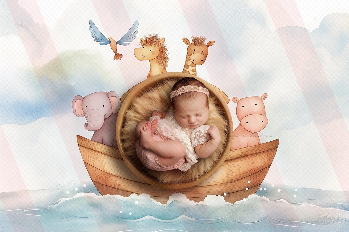 Noah's Ark Newborn Backdrop: Watercolor Animal Ark (digital Download ...