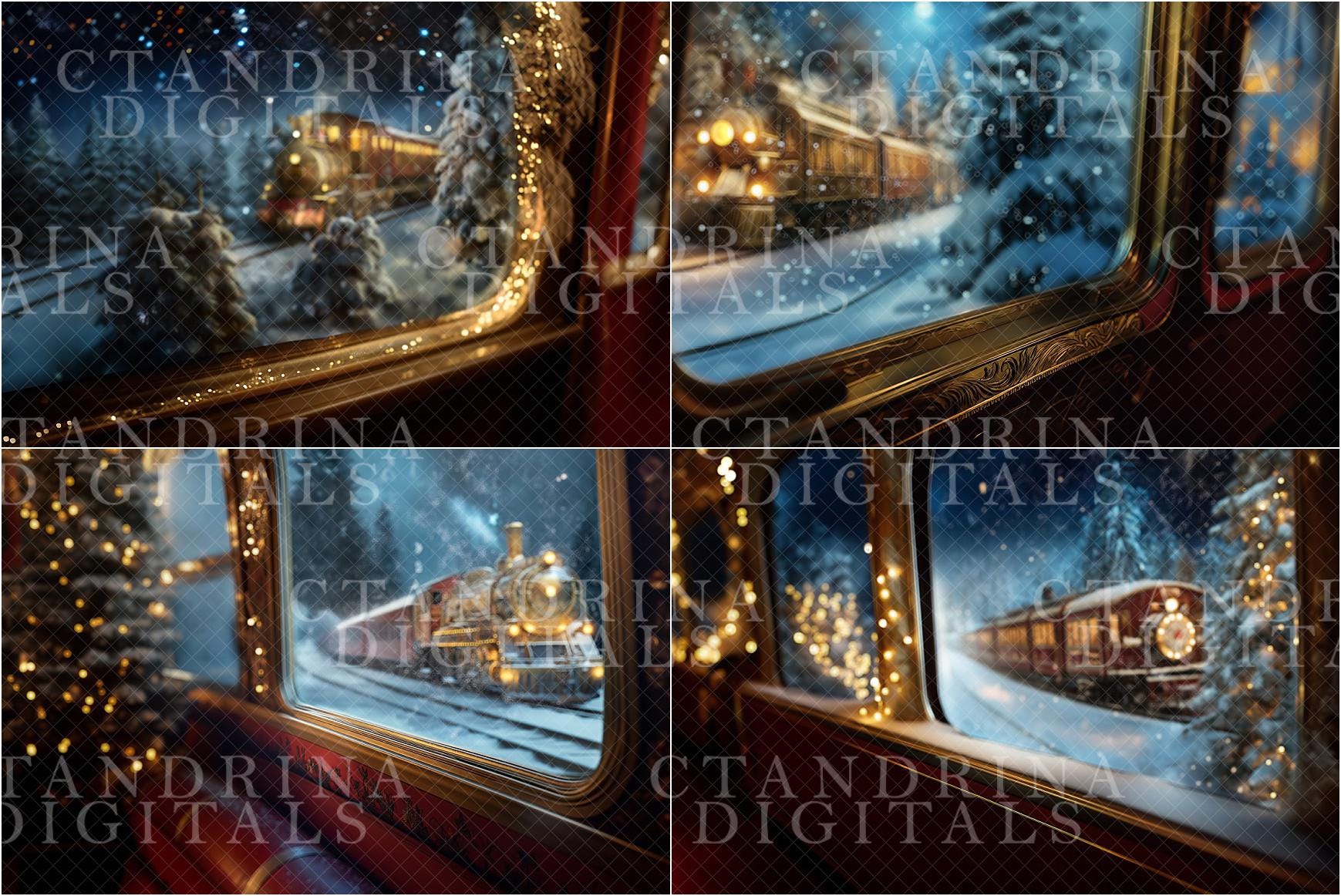 Train Window Digital Backdrop: Christmas Locomotive Backgrounds for ...