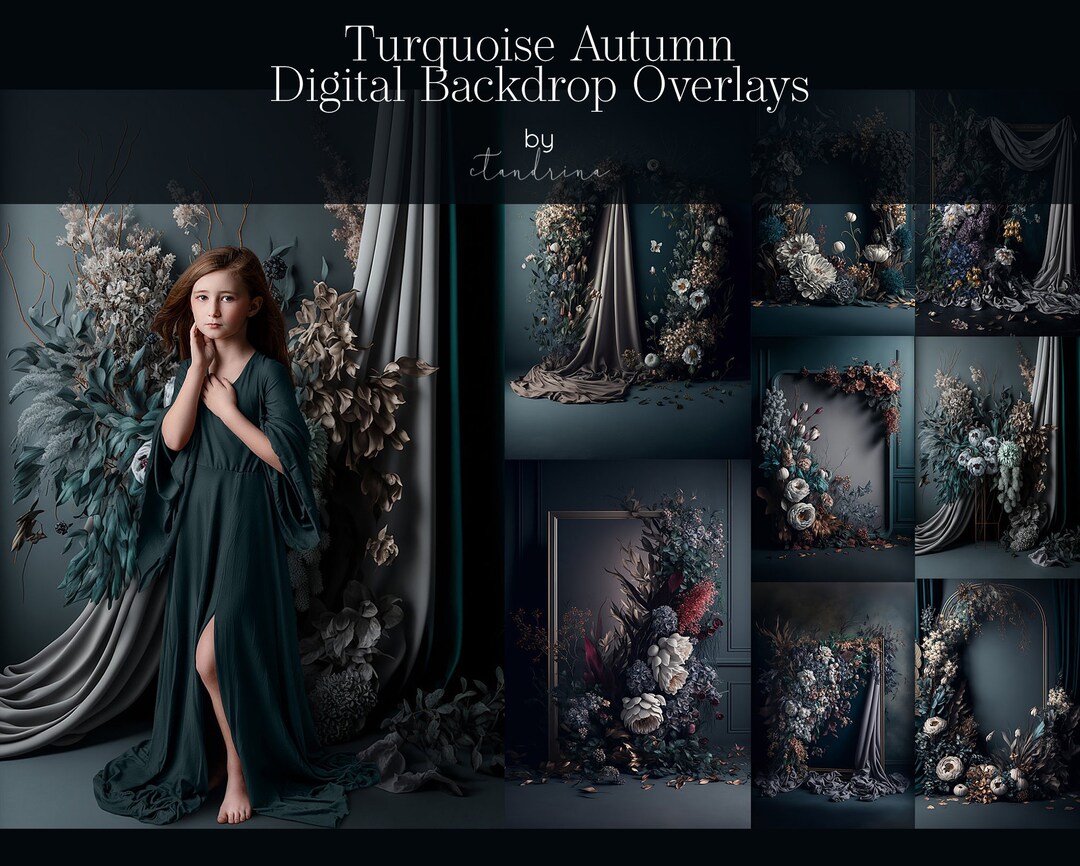 Turquoise Autumn Digital Backdrop Overlays, Fall Florals With Turquoise ...