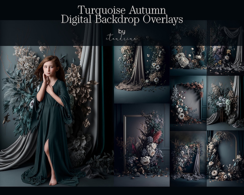 Turquoise Autumn Digital Backdrop Overlays Fall Florals With - Etsy