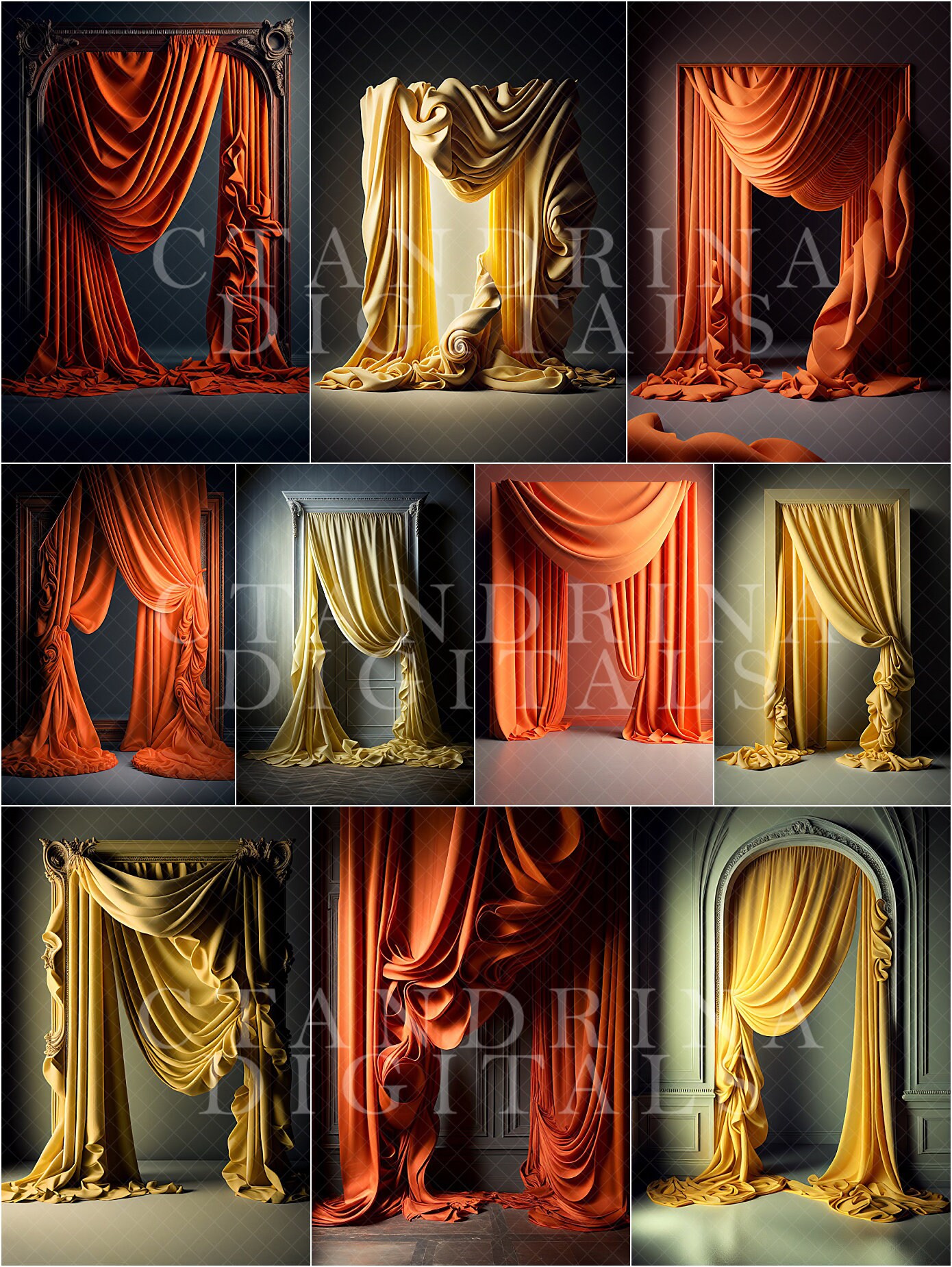 Orange and Yellow Framed Curtain Digital Backdrop Overlays - Etsy