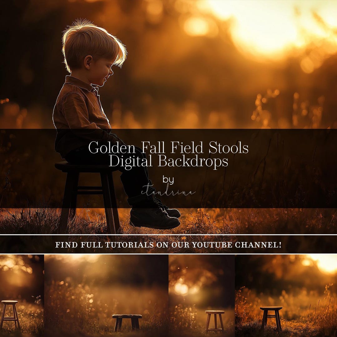 Fall Digital Backdrops, Dreamy Fall Field Backgrounds, Wood Stool ...