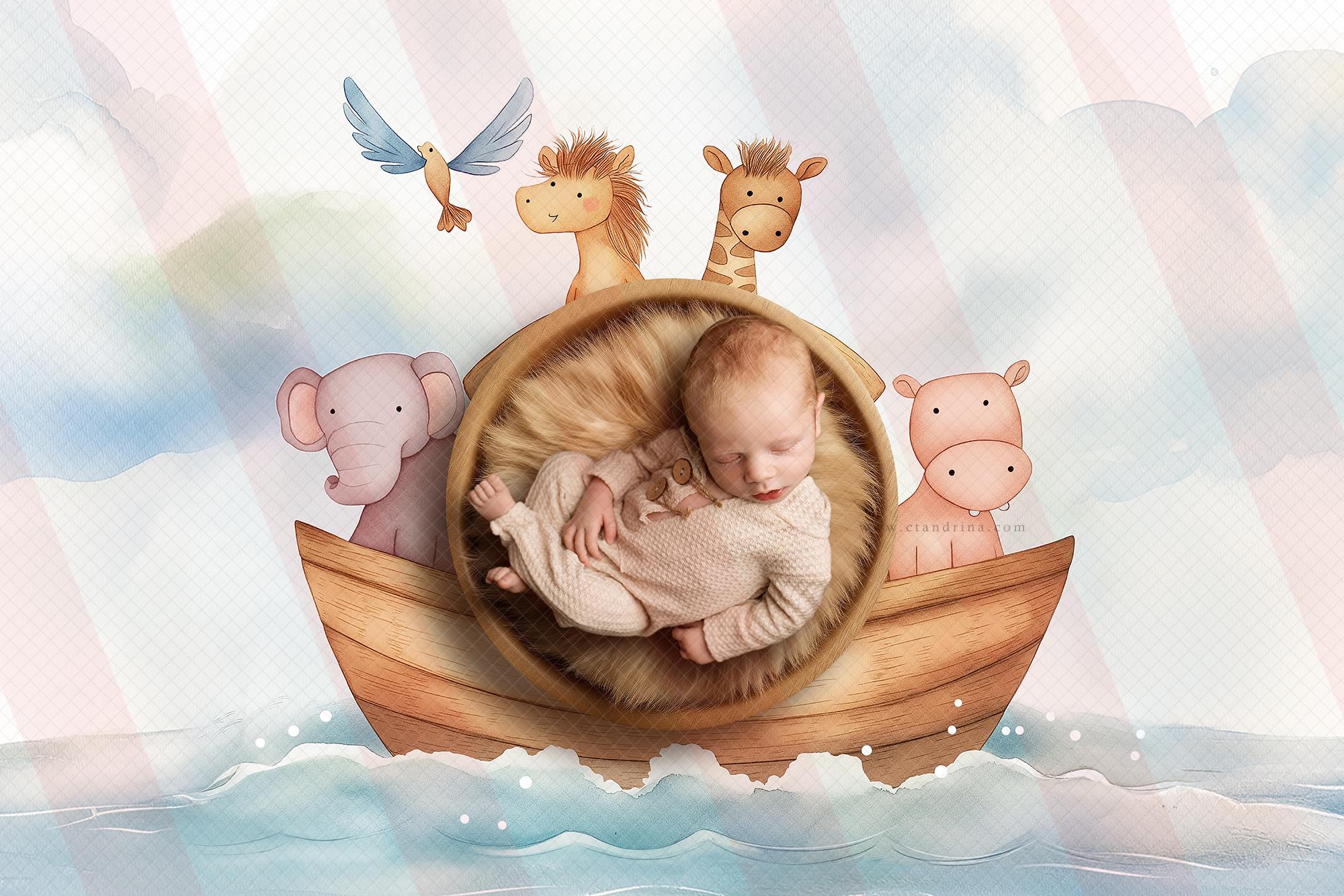 Noah's Ark Newborn Backdrop: Watercolor Animal Ark (digital Download ...