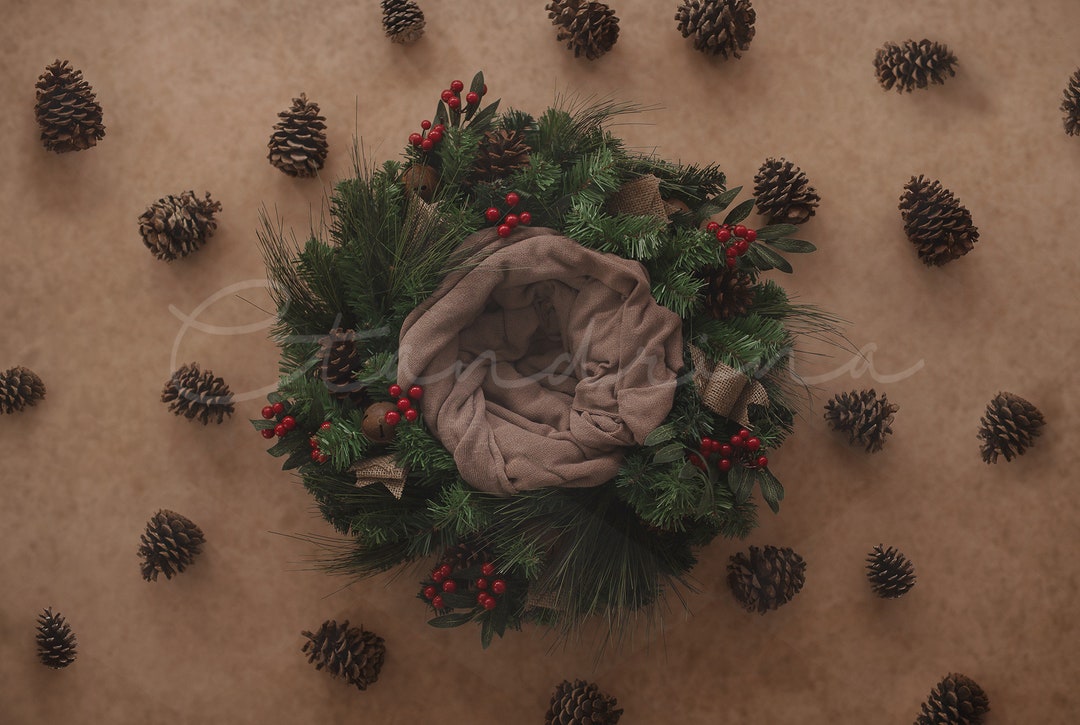 Holiday Wreath Newborn Digital Backdrop: Bells & Pine Cones (digital ...