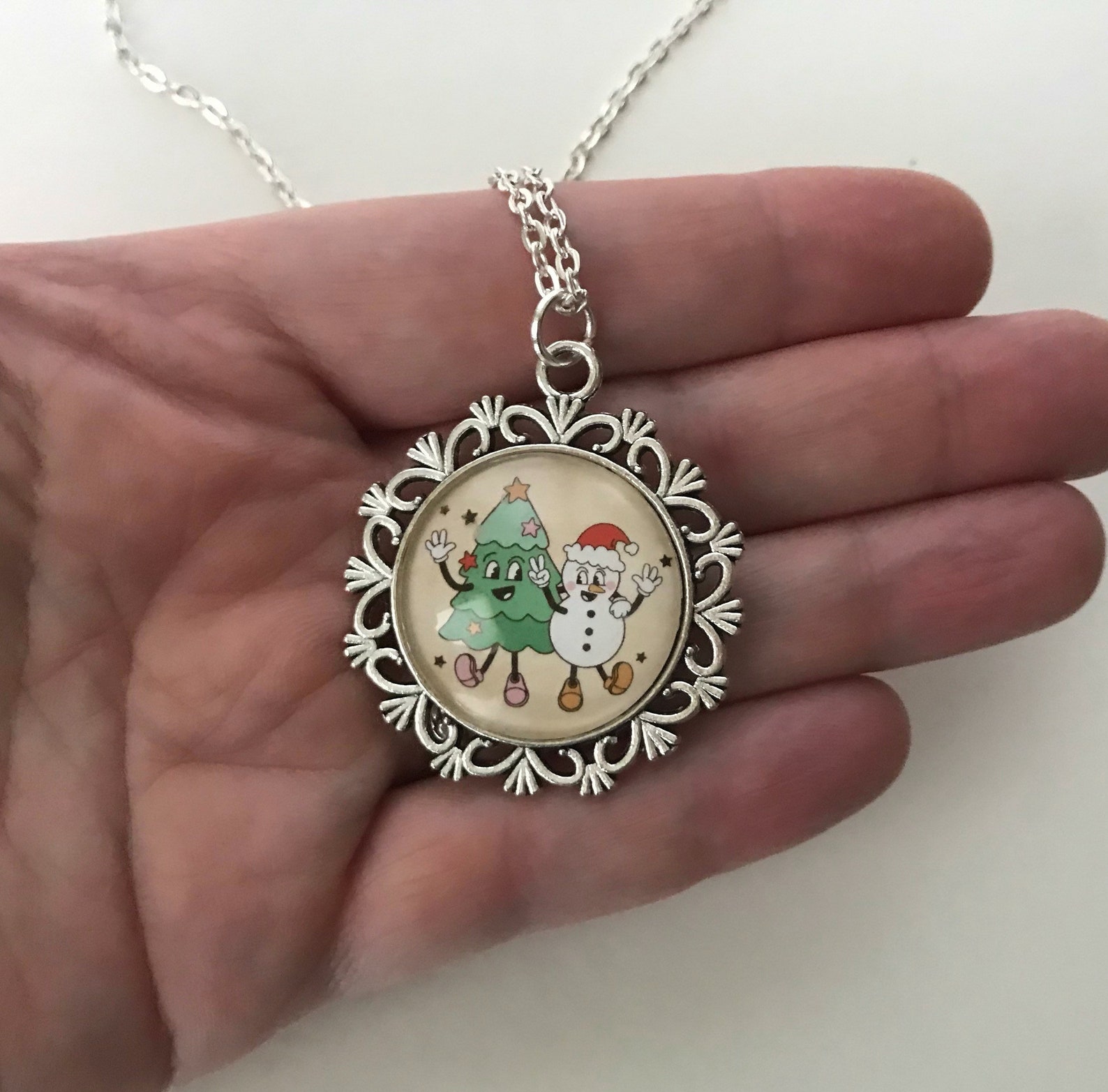 Retro Christmas Tree and Snowman Pendant Necklace - Christmas Jewelry ...