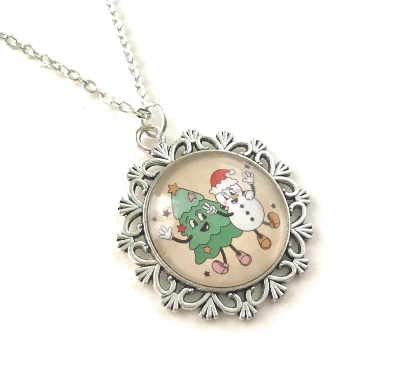 Retro Christmas Tree and Snowman Pendant Necklace - Christmas Jewelry ...